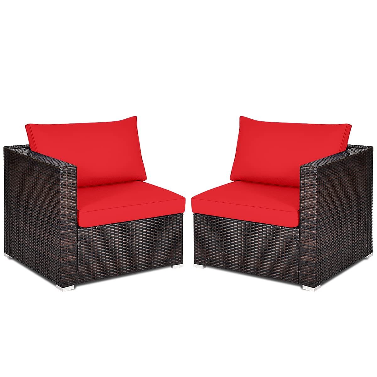 RELAX4LIFE 2-Piece Patio Rattan Loveseat - Sectional Corner Sofa Set w/Removable Cushions & Pillows, All Weather Furniture Set for Porch, Poolside, Balcony, Yard, Outdoor Wicker loveseat (Red)