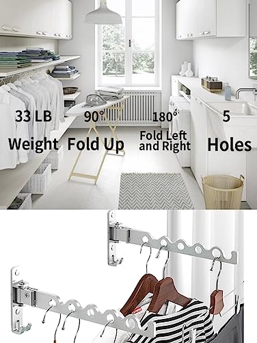 Dr.DJ Wall Hanger for Clothes, Coat Hanger Wall Mounted Silver Retractable Clothes Drying Organizer Rack Garment Hooks Aluminium Folding Indoor Wall Wall Hanger Space Save (2 Racks)
