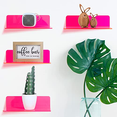 Floating Wall Shelves 9 Inch Acrylic Small Wall Shelf Hanging Shelves Adhesive Shelf Screwless Display Shelf with Cable Clips and Stickers for Bathroom, Bedroom, Office (Fluorescent Pink, 4 Pcs)