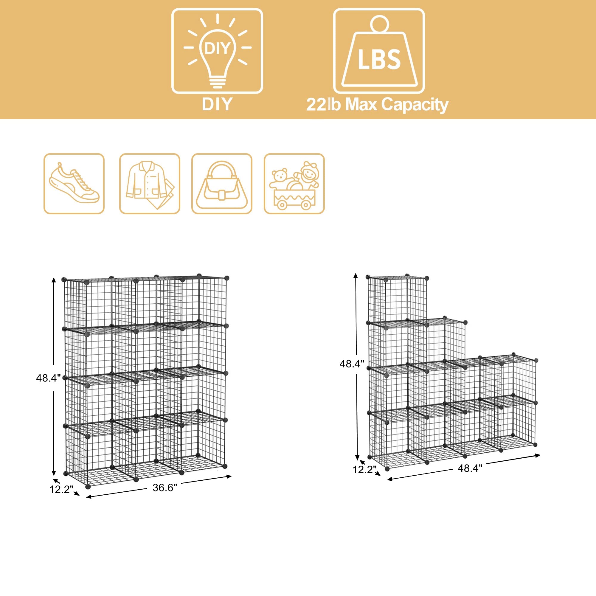 BASTUO Wire Cube Storage, Multipurpose Metal Cube Storage Organizer, Square Wire Storage Cubes (16 Cubes, Black)