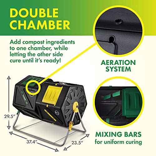 Miracle-Gro Large Dual Chamber Compost Tumbler β Easy-Turn, Fast-Working System β All-Season, Heavy-Duty, High Volume Composter with 2 Sliding Doors - (2 β 27.7gallon /105 Liter), Black