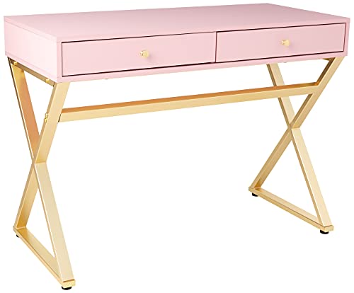 Acme Coleen Wooden Top Writing Desk with 2 Drawers in Pink and Gold