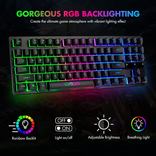 CHONCHOW RGB Compact Gaming Keyboard, USB Wired 87 Keys Gaming Keyboard LED Rainbow Backlit Tenkeyless Gaming Keyboard TKL Keyboard Gaming RGB Keyboard for Laptop Ps4 Xbox PC Computer Game and Work