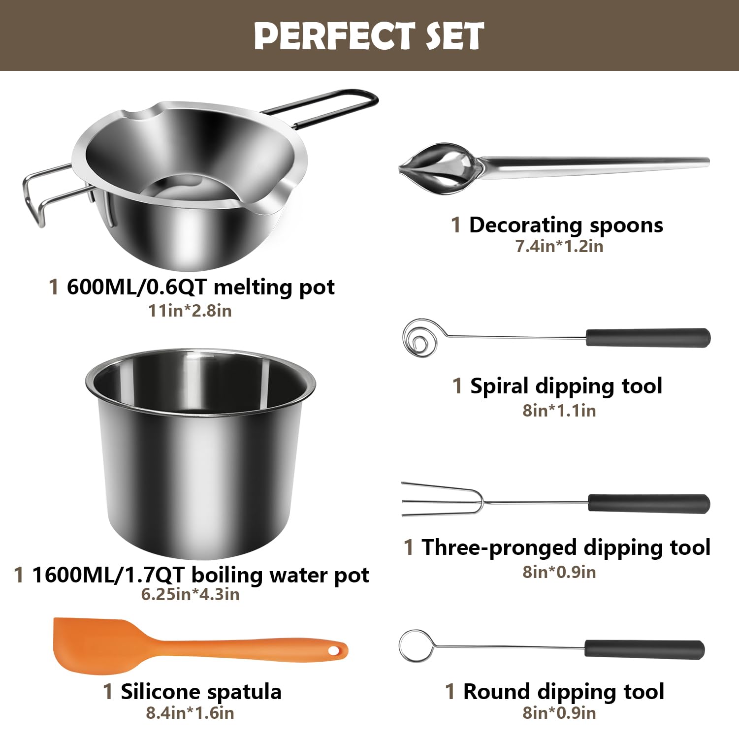 Artcome Double Boiler Melting Pot Set - 600ML/0.6QT Chocolate Melting Pot, 1600ML/1.7QT Stainless Steel Pot, Decorating Spoons, Silicone Spatula and Dipping Tool for Melting Chocolate, Candy, Soap