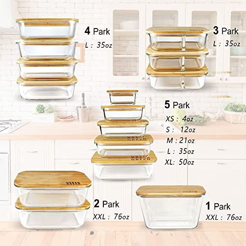 Urban Green Glass Container with Wood Lid, Glass food storage Container with Lids, Glass Meal Prep Containers Set, Glass Containers set (Natural-Bamboo-1p)