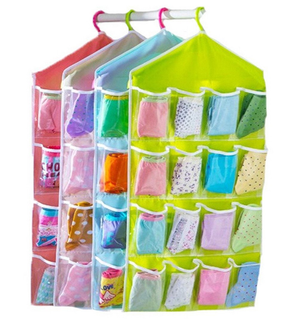 HENGSONG 16 Lots Socks Jewelry Bra Underwear Hanging Storage Pockets Bags Organizer (Green)