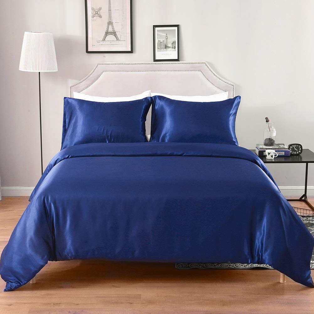 Opulence Bedding Silk Satin Duvet Cover Set Navy Blue California King 3 Piece (Duvet Cover + 2 Pillowcases) Comforter Cover California King Size Zipper Closure