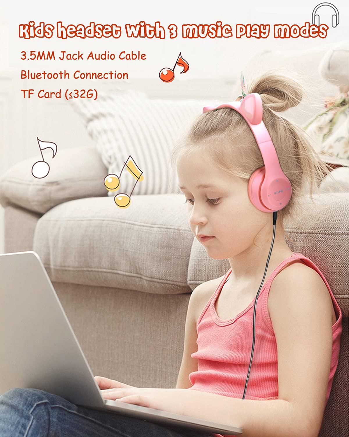 Bluetooth Cat Ear Kids Headphones with Mic, arVin Wireless/Wired Foldable Over-Ear Headset with Led Light UP & 85db Volume Limited for School, Online Learning, Boys, Girls, Children, Tablet, iPad & PC