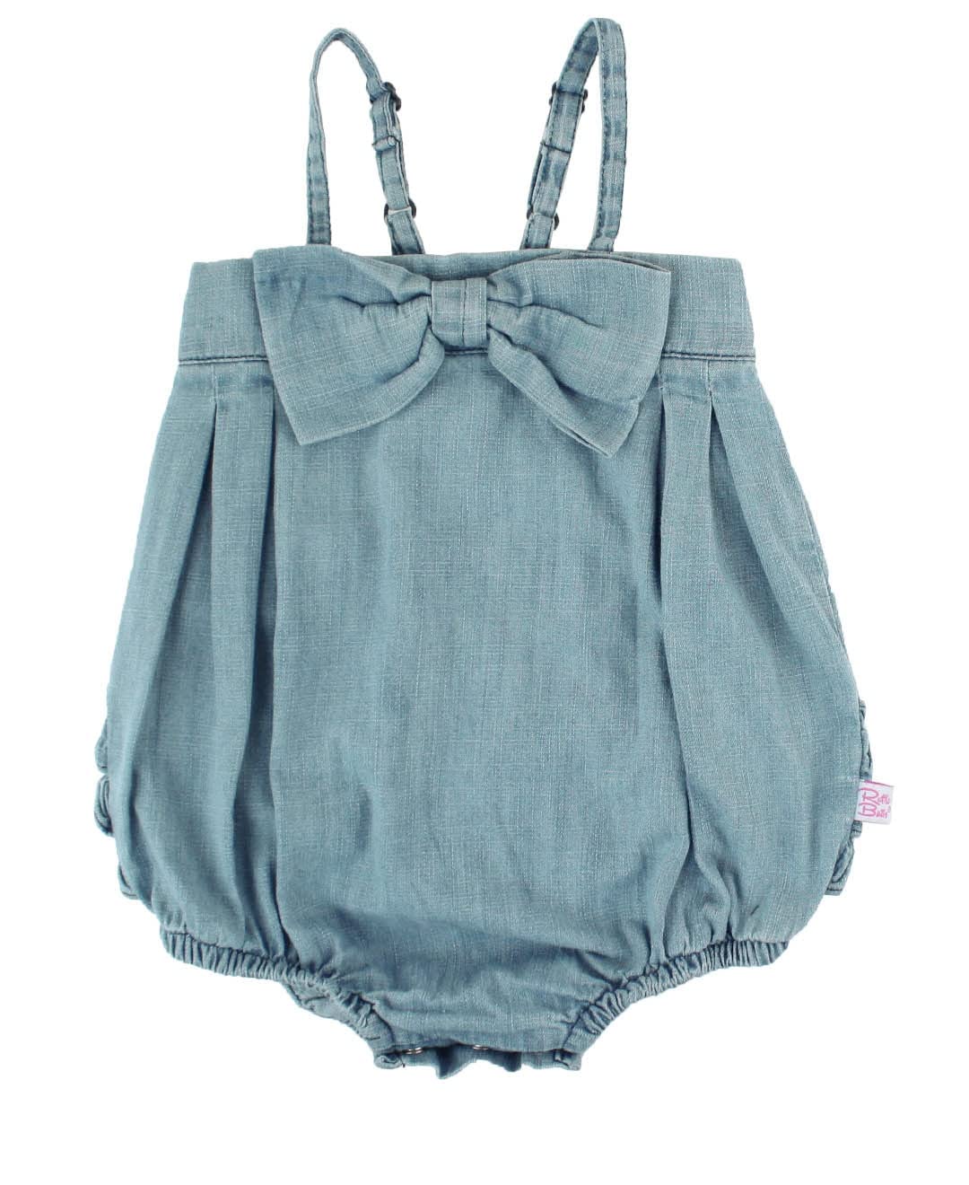 RuffleButts® Baby/Toddler Girls Light Wash Denim Bow-Front Bubble Romper - 3-6m
