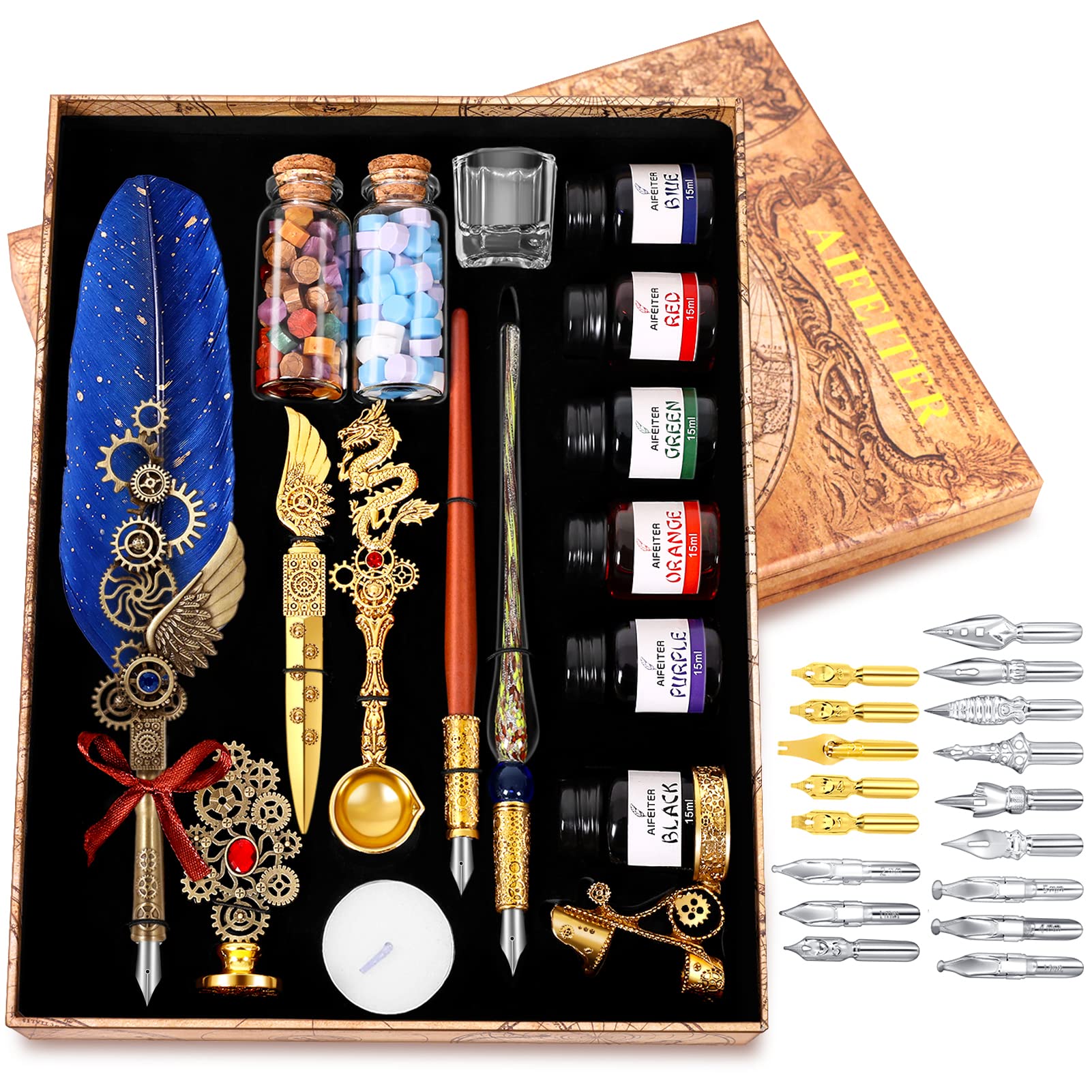 Aifeiter Quill Pen and Ink Wax Seal Stamp Set,Quill Pen ink Set Includes Feather Dip Pen,Ink,5 Replacement Nibs,3 Wax Seal Sticks,Pen Nib Base,Seal Stamp-White