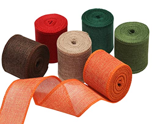 OZXCHIXU 6 Rolls Burlap Wired Ribbon,Natural Burlap Weave Ribbon in 6 Colors DIY Trims Crafting Supplies for Holiday Decorative Wreath Rustic Gift Wrapping Floral Bows Party Favors 2.4inch x 5yards
