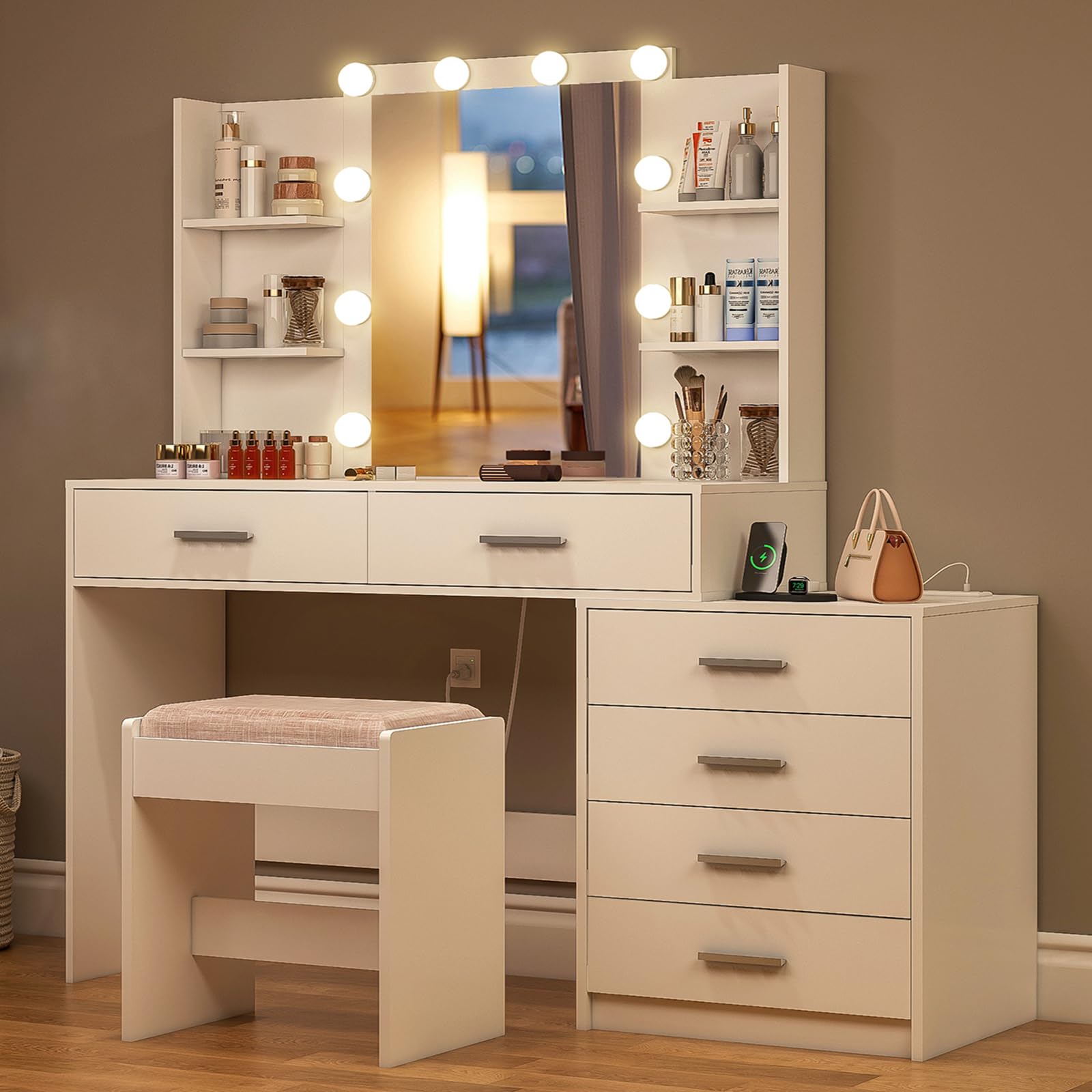 FIONESO Vanity Desk with Mirror & Lights, Makeup Vanity with 6 Drawers, 6 Open Shelves and Power Outlet, 48β Storage Makeup Vanity Desk with Stool Bench for Women, Girls, Bedroom, White