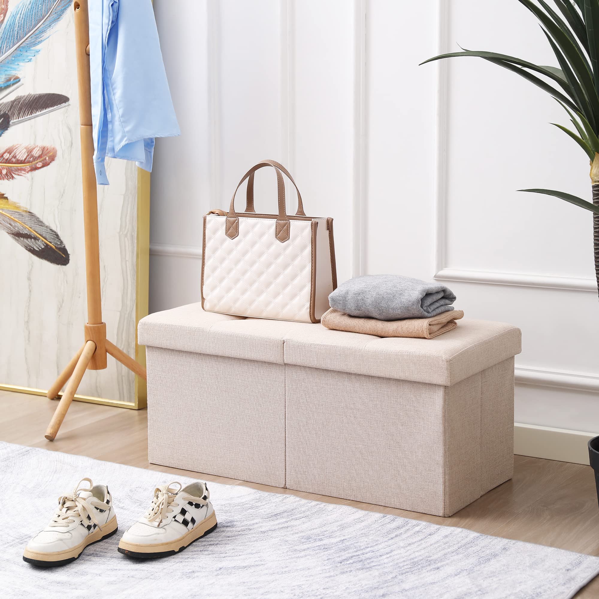CUYOCA Storage Ottoman Bench Foldable Seat Footrest Shoe Bench End of Bed Storage, 80L Storage Space, 30 inches Linen Fabric Cream