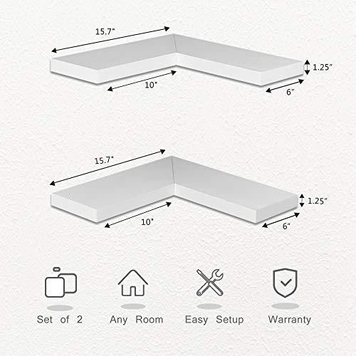 WELLAND Floating Corner Shelf Set of 2, White Wall Mounted Display Shelf with Concealed Hardware for Bedroom, Kids Room, Living Room, Bathroom and Kitchen