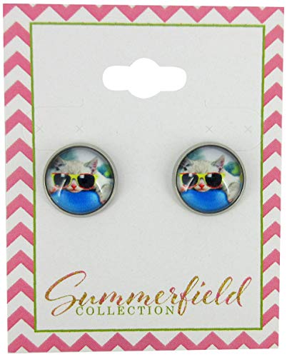 Stainless Steel Cool Cat in Sunglasses Print Glass Stud Earrings 12mm