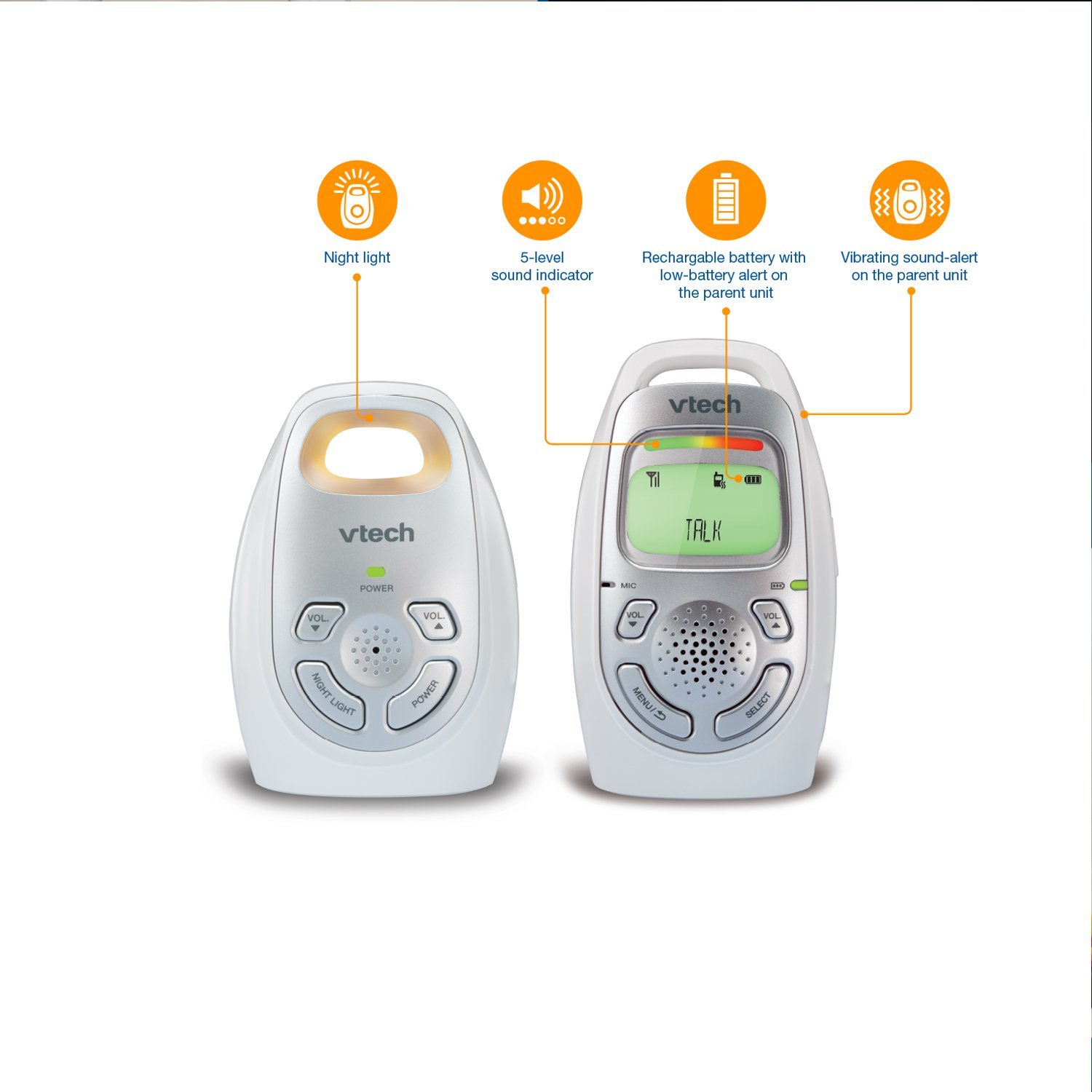 VTech DM223 Audio Baby Monitor with up to 1,000 ft of Range, Vibrating Sound-Alert, Talk-back Intercom, Digitized Transmission & Belt Clip (Renewed)
