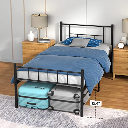 Metal Platform Bed Frame Twin Mattress Foundation Heavy-Duty Steel Slat Noise-Free Support with Headboard & Foot Board NO Boxing Spring Needed Under-Bed Storage Easy Assembly, Twin