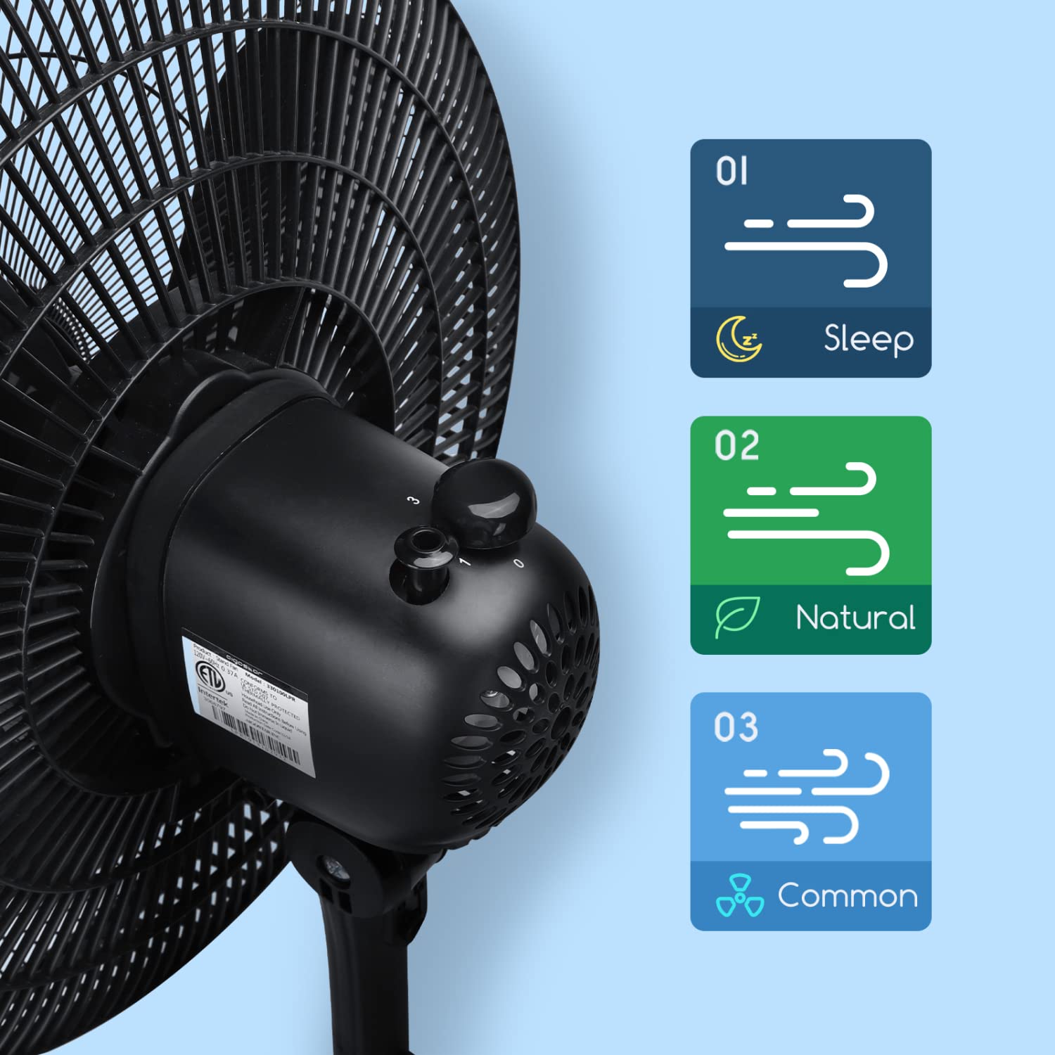 Aigostar 16'' Standing Fan with 3 Adjustable Speed, High Energy Efficiency Quiet Pedestal Fan Oscillating Fan, Adjustable Height Room Fan for Bedroom, Indoor, Home & Office, Compact Design, Black