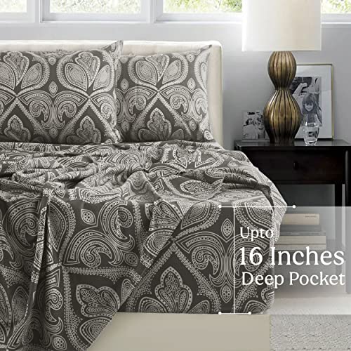 Lux Decor Collection Bed Sheets - 6 Pc King Size Sheets - 1800 Thread Count Brushed Microfiber Sheets - 16 Inches Deep Pocket Bedding Sheets & Pillowcases (King, Paisley Grey)