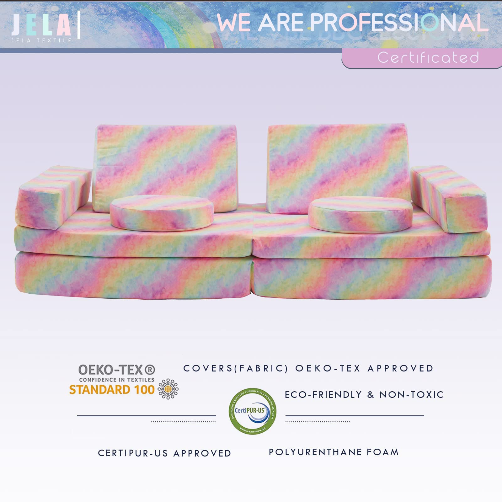 jela Kids Couch Extended Size 10PCS with futons, Floor Couch Floor Sofa Modular Furniture for Kids and Adults, Modular Foam Play Couch, Modular Sectional Sofa (Rainbow)