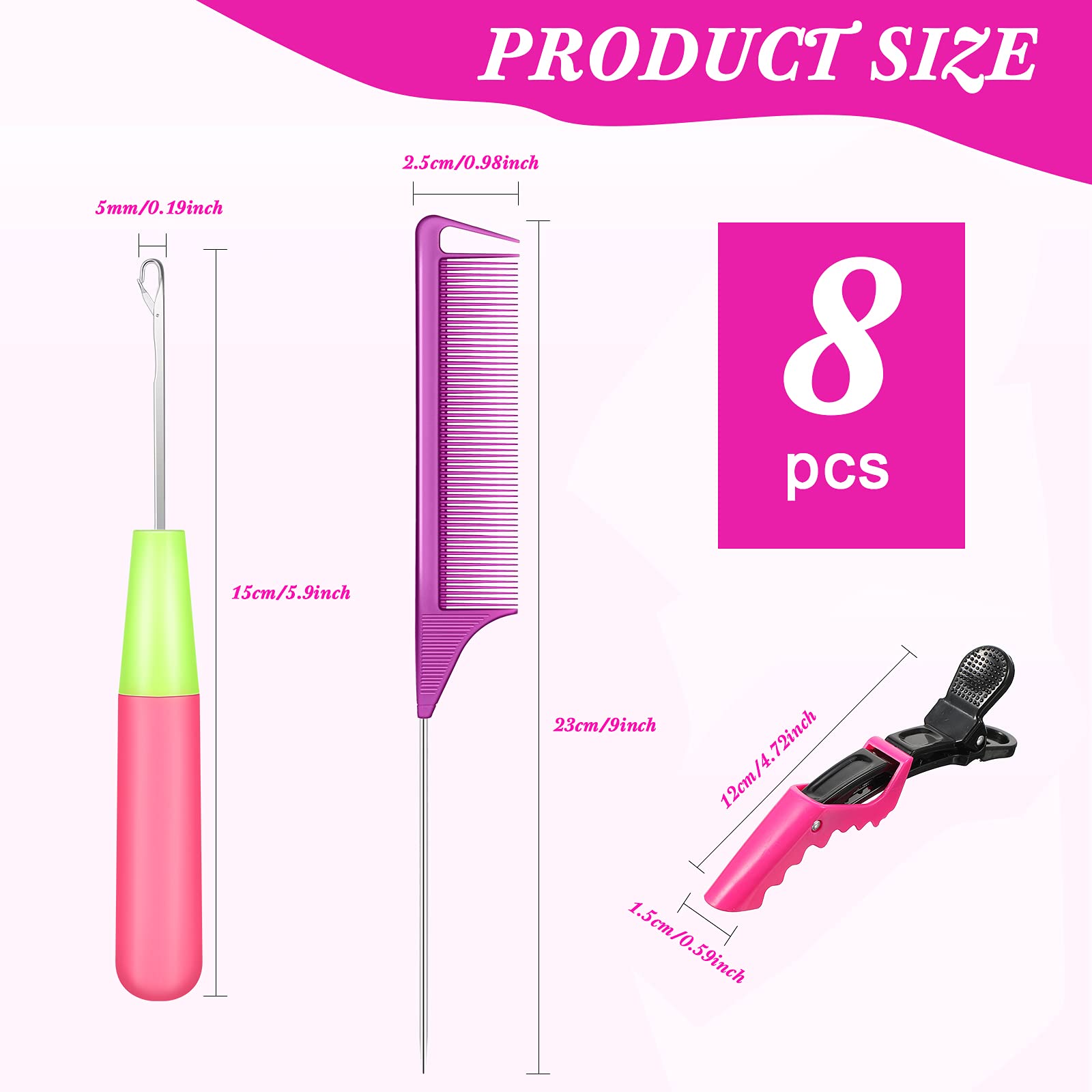 8 Pieces Latch Hook Crochet Needle Comb Hair Clip Set Include 2 Pieces Plastic Crochet Needle 4 Pieces Alligator Hair Clip 2 Pieces Rat Tail Comb for Hair Tool Kits Braid Hair and Hair Extension