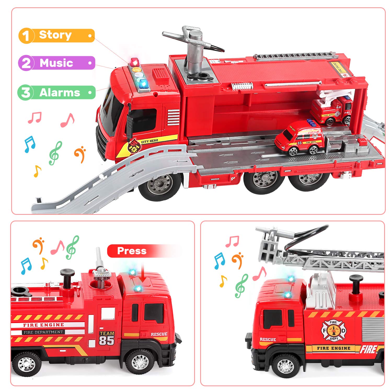 CUTE STONE 7 Pack Fire Trucks with Water Spraying Function, Fireman Toy Firetrucks with Sound and Light, Pull Back Cars, Friction-Powered Vehicles, Gift for Toddlers and 3+ Year Old Boys