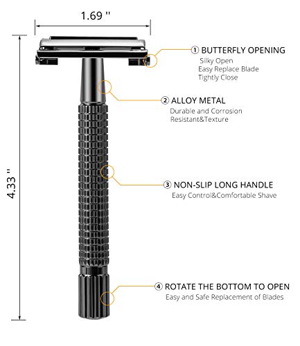 DreamGenius Double Edge Safety Razor, Long Handle Butterfly Open Razors for Men or Women,Single Blade Shaving Razor with 10 Stainless Steel,Double Edge Safety Razor Blades