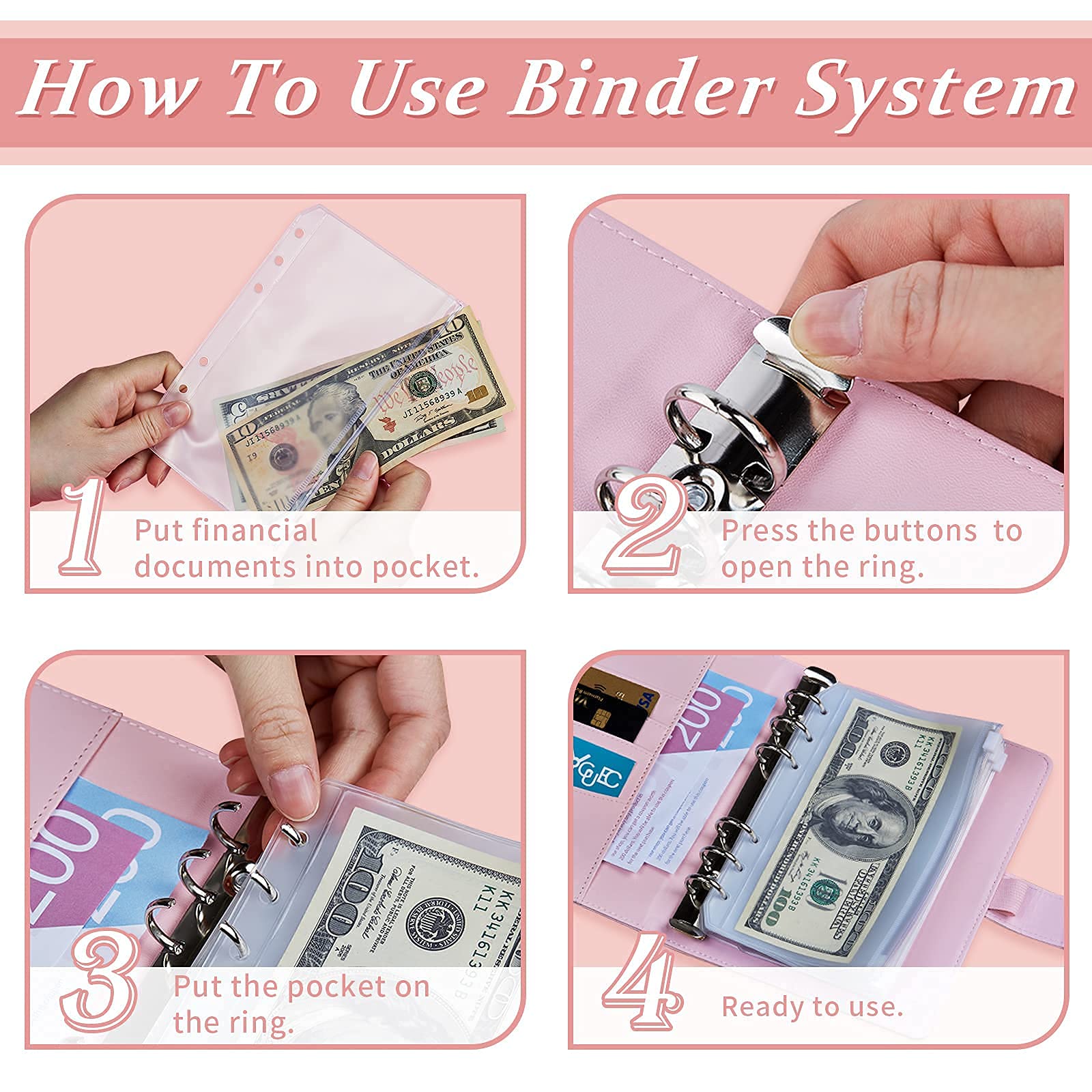 A6 Cash Envelope System Binder - Budgeting Binder Planner w/ 12Pcs Lose Leaf Zipper Pocket & Expense Tracker & Writable Lables, Pink Cash Envelope Budget Wallet Organizer for Money Receipt Coupon