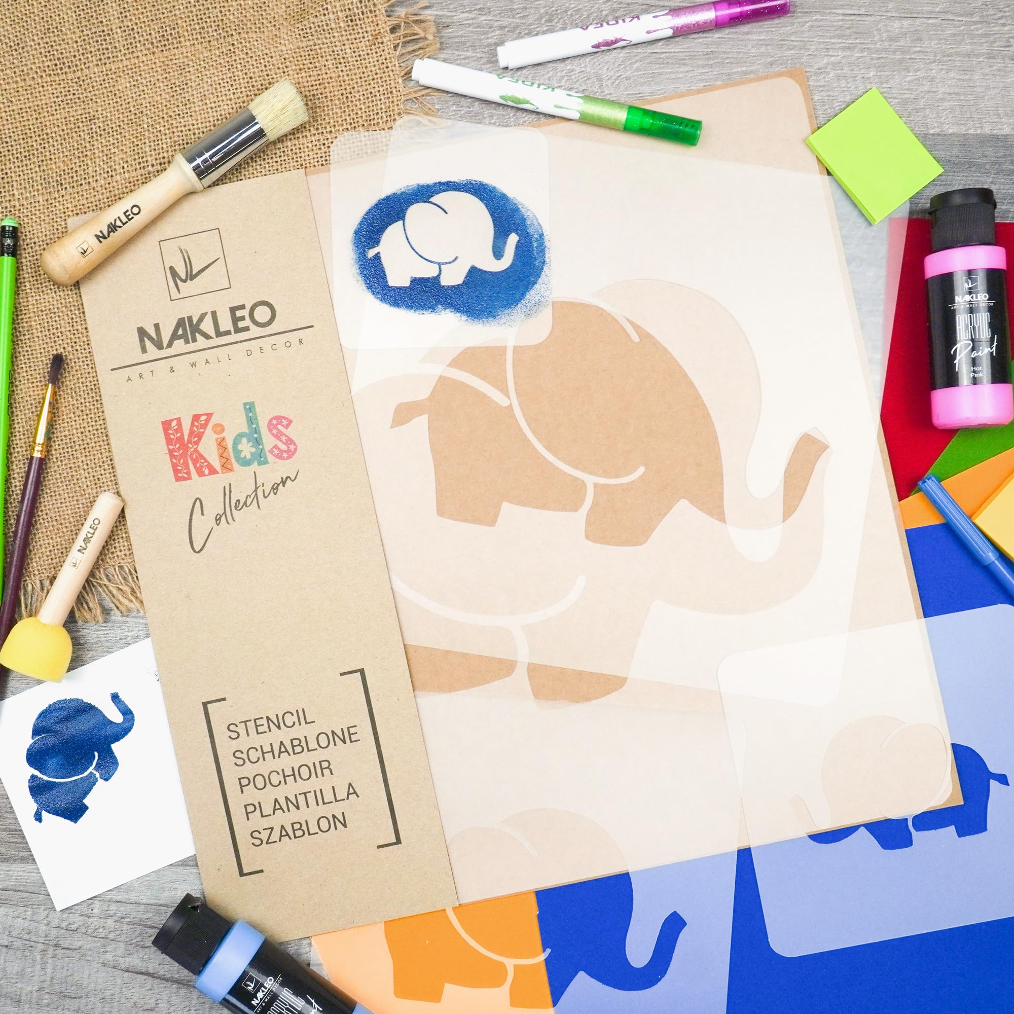 NAKLEO 5 pcs Reusable Plastic Stencils - Elephant Mammal Animal - 13.4" to 3.5" - Pattern Children Kids Painting Template Room Decor - Craft DIY Wall Furniture