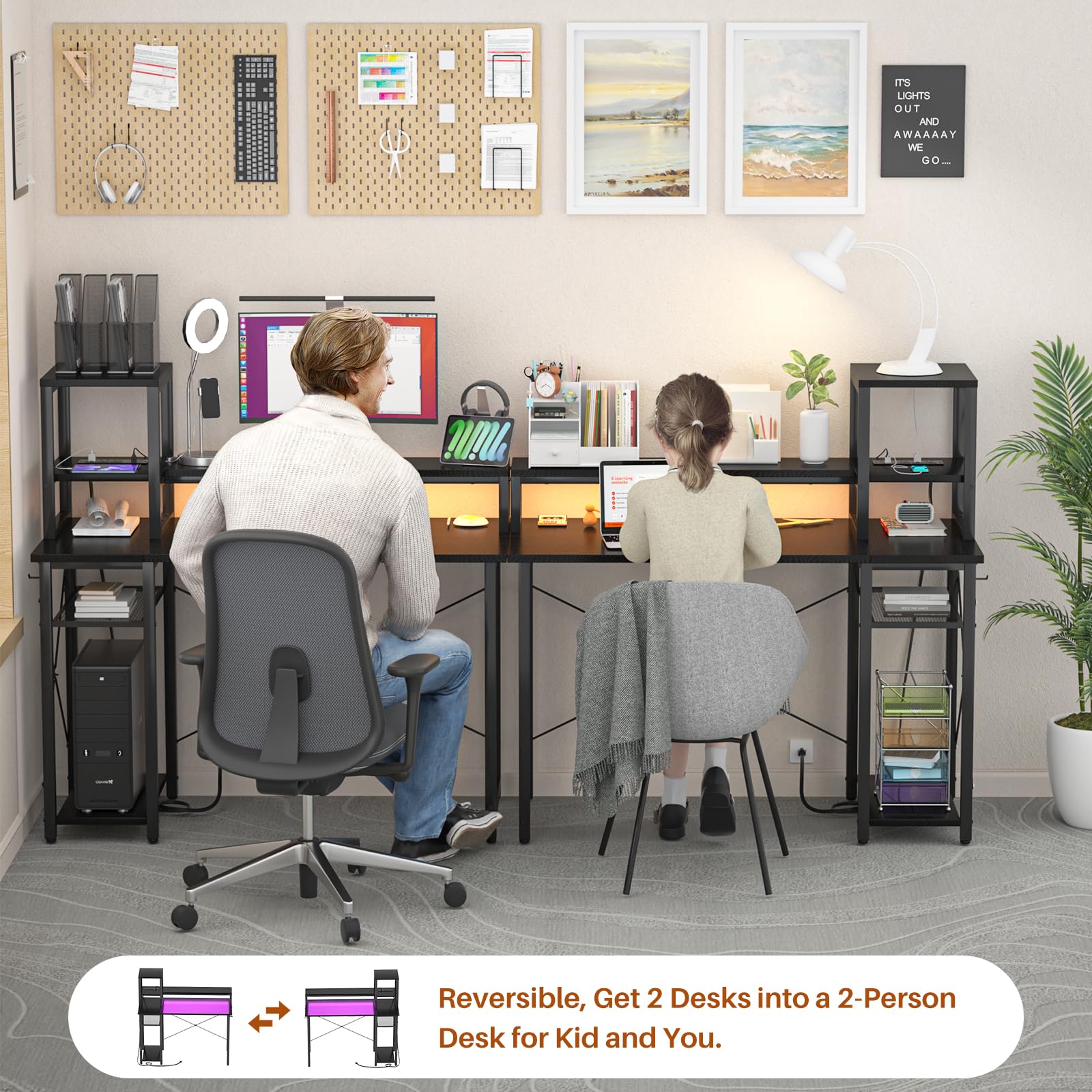 armocity 2024 Upgrade Gaming Desk with LED Lights, Small Computer Desk with Long Monitor Stand, 40'' Reversible Laptop Table with Storage Shelves, Small Desk for Small Spaces, Gaming Room, Black