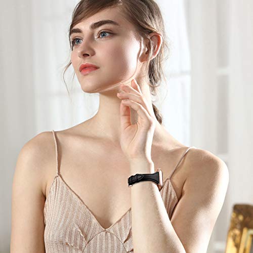 WFEAGL Leather Bands Compatible with Apple Watch Band 38mm 40mm 41mm Women, Top Grain Leather Strap Slim & Thin Replacement Wristband for iWatch Ultra SE & Series 8 7 6 5 4 3 2 1 (Black/RoseGold)