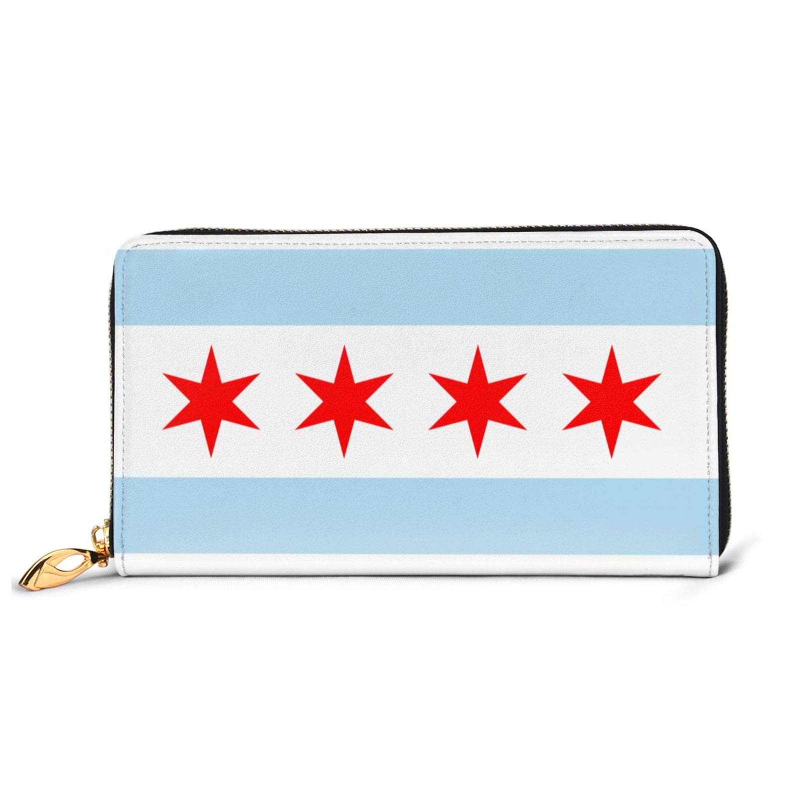 Chicago Flag Ladies Long Wallet Genuine Cowhide Zip Closure Card Slot Wallet