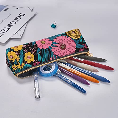 Flowers Pencil Case Pouch Pen Case Portable Leather Makeup Cosmetic Bag Durable Holder Bag Office Organizer For Adults