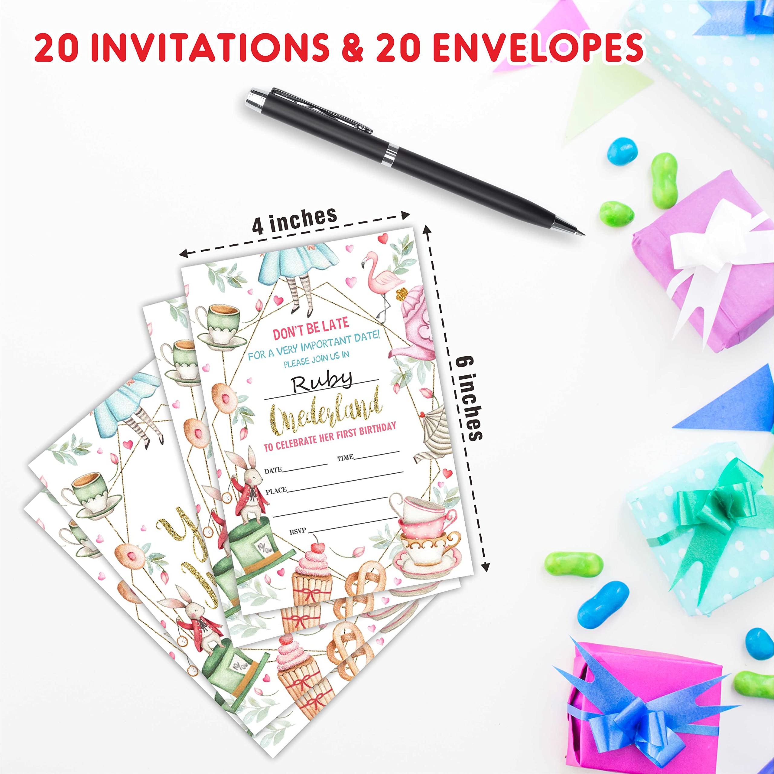 AWSICE Birthday Invitations, Tea Party Theme Fill-In Invite Cards For Birthday Party, 20 Invitations With Envelopes, Decorations,Party Favor And Supply-A28