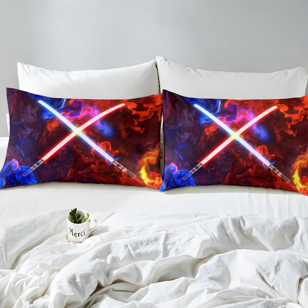 Feelyou Lightsaber Duvet Cover Lightning Red Blue Smokey Galaxy Bedding Set Future Technology Comforter Cover for Boys Girls Children Teens Bedroom Decor Bedspread Cover Queen Size with 2 Pillow Case