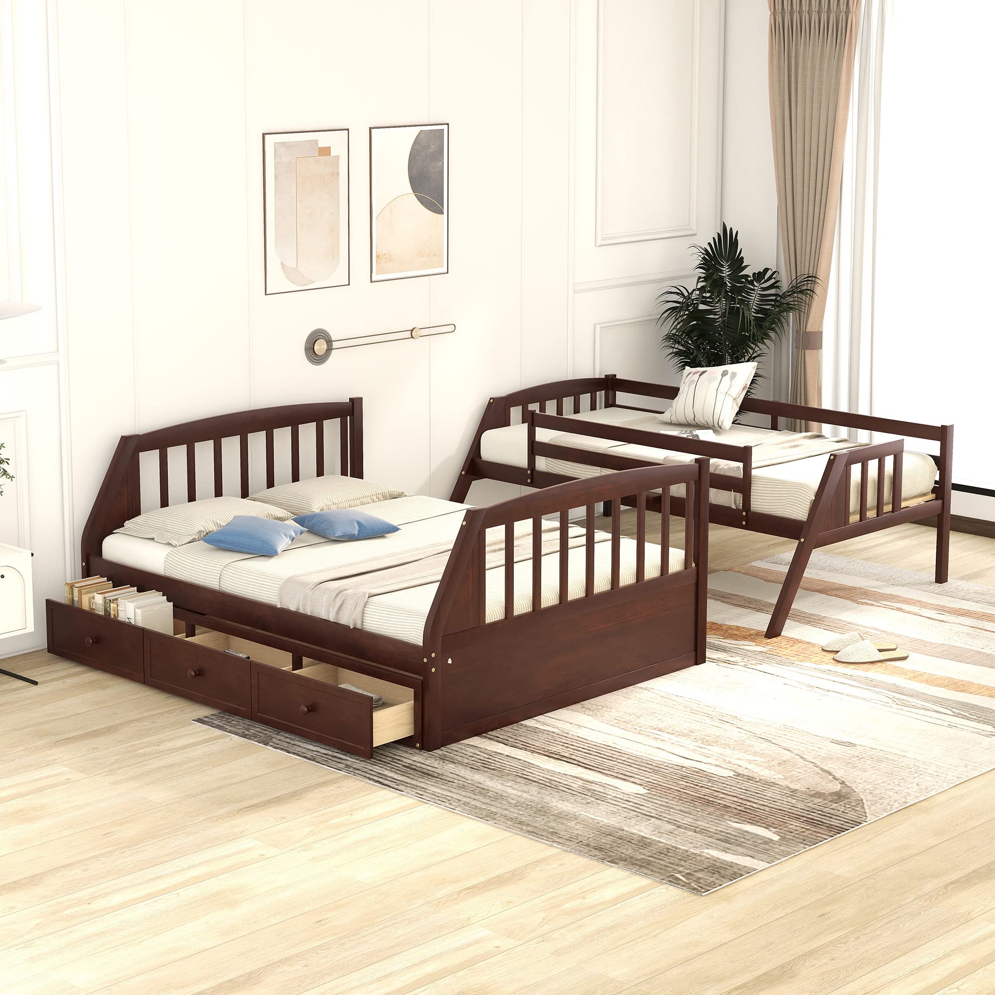 Bellemave Twin Over Full Bunk Bed with Stairs and Storage Drawers, Wood Bunk Bed Frame with Three Drawers and Shelves, Modern Detachable Bunked Frame for Kids Boys Girls Teens, Espresso