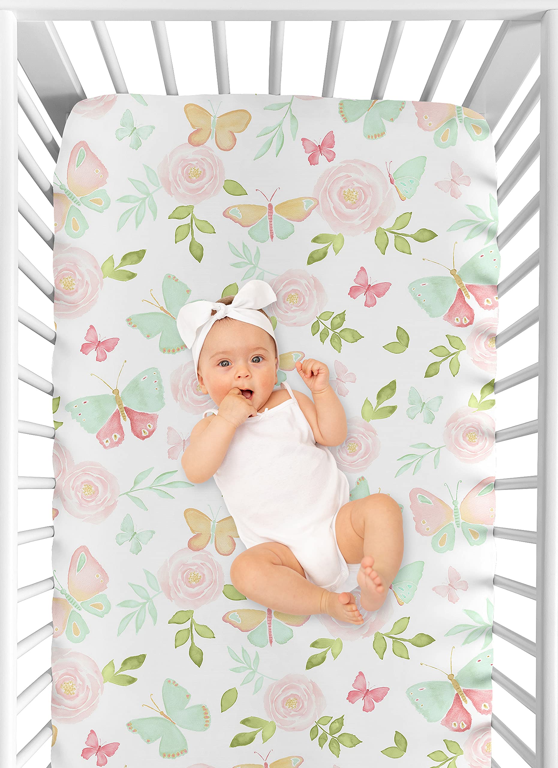 Sweet Jojo Designs Blush Pink, Mint and White Watercolor Rose Baby or Toddler Fitted Crib Sheet for Butterfly Floral Collection