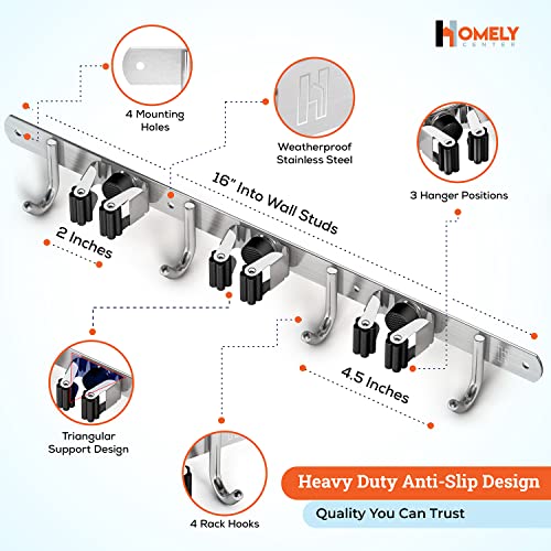 Homely Center Mop and Broom Holder Wall Mount β Heavy-Duty Broom Closet Organizer for Garage, Kitchen, Laundry Organization β Broom and Mop Holder β Tool Hanger with 3 broom racks and 4 broom hooks