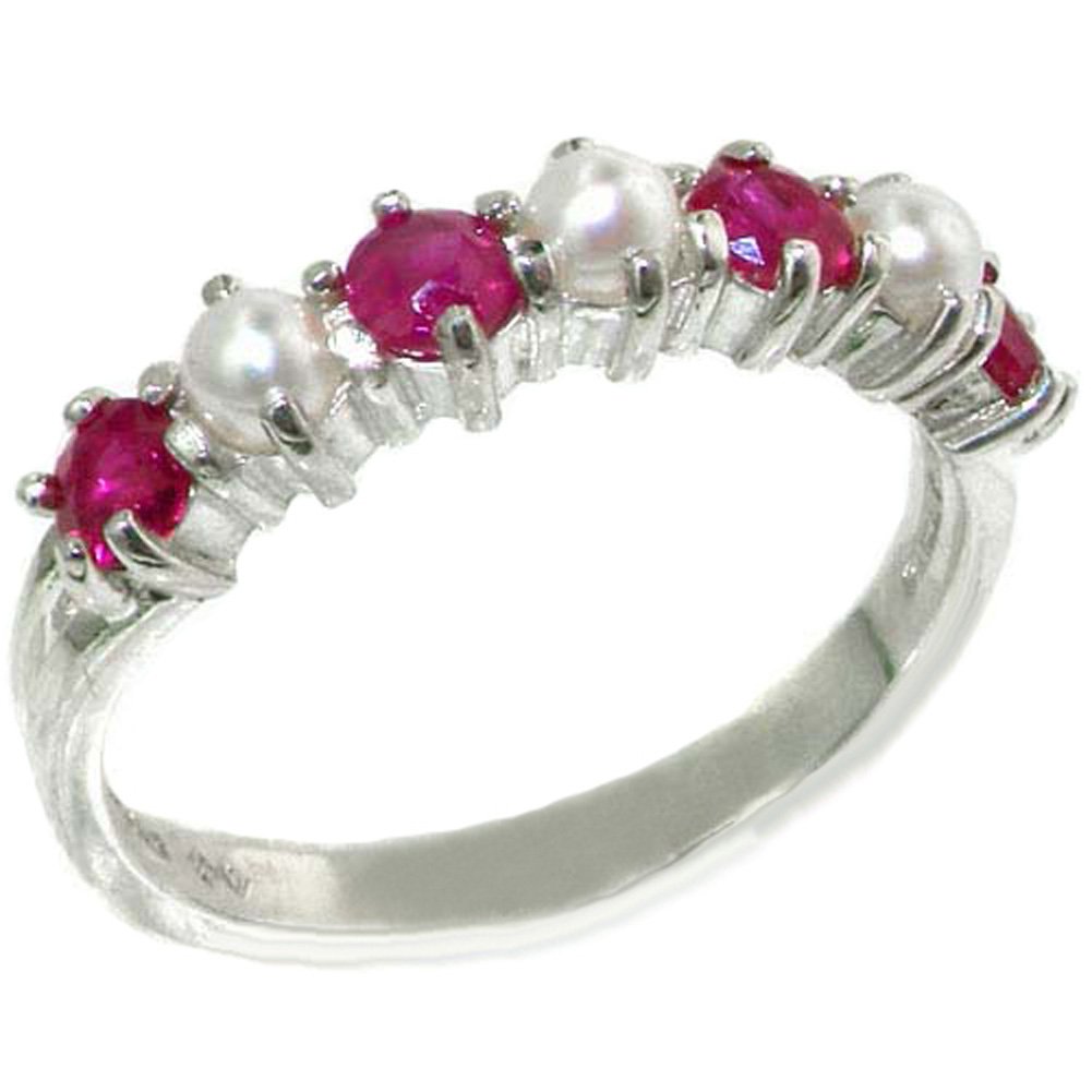 925 Sterling Silver Cultured Pearl & Ruby Womens Anniversary Ring - Size 8