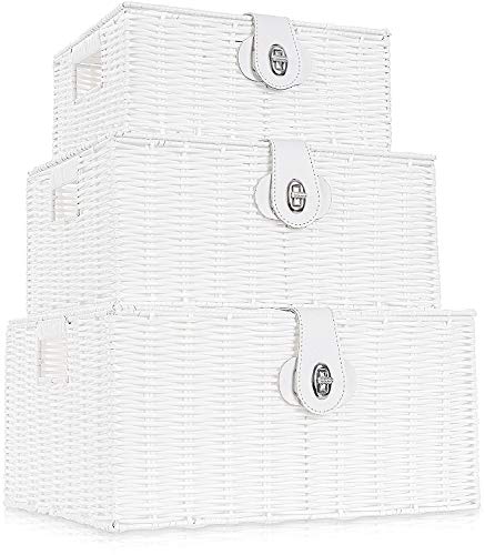 Homepeaz Set of 3 Woven Wicker Storage Basket Box with Lid & Lock, Built-in Carry Handles, Multifunctional Storage Organiser for Nursery, Baby, Clothes, Toys, Books, Large/Medium/Small Size (White)