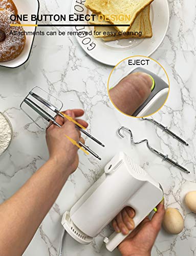 Hand Mixer Electric, MOSAIC Mixer with Cord & Attachments Storage and 4 Stainless Steel Accessories, Easy Eject Handheld Mixer for Whipping Mixing Cookies, Brownies, Cakes, Dough (White)
