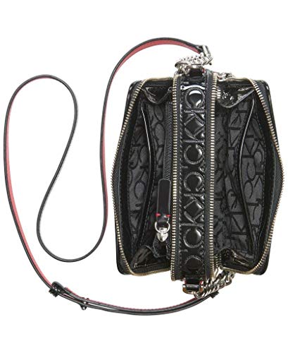 Calvin Klein Women's Marybelle Saffiano Double Zip Organizational Crossbody Bag, Black/Silver Patent Emboss, One Size