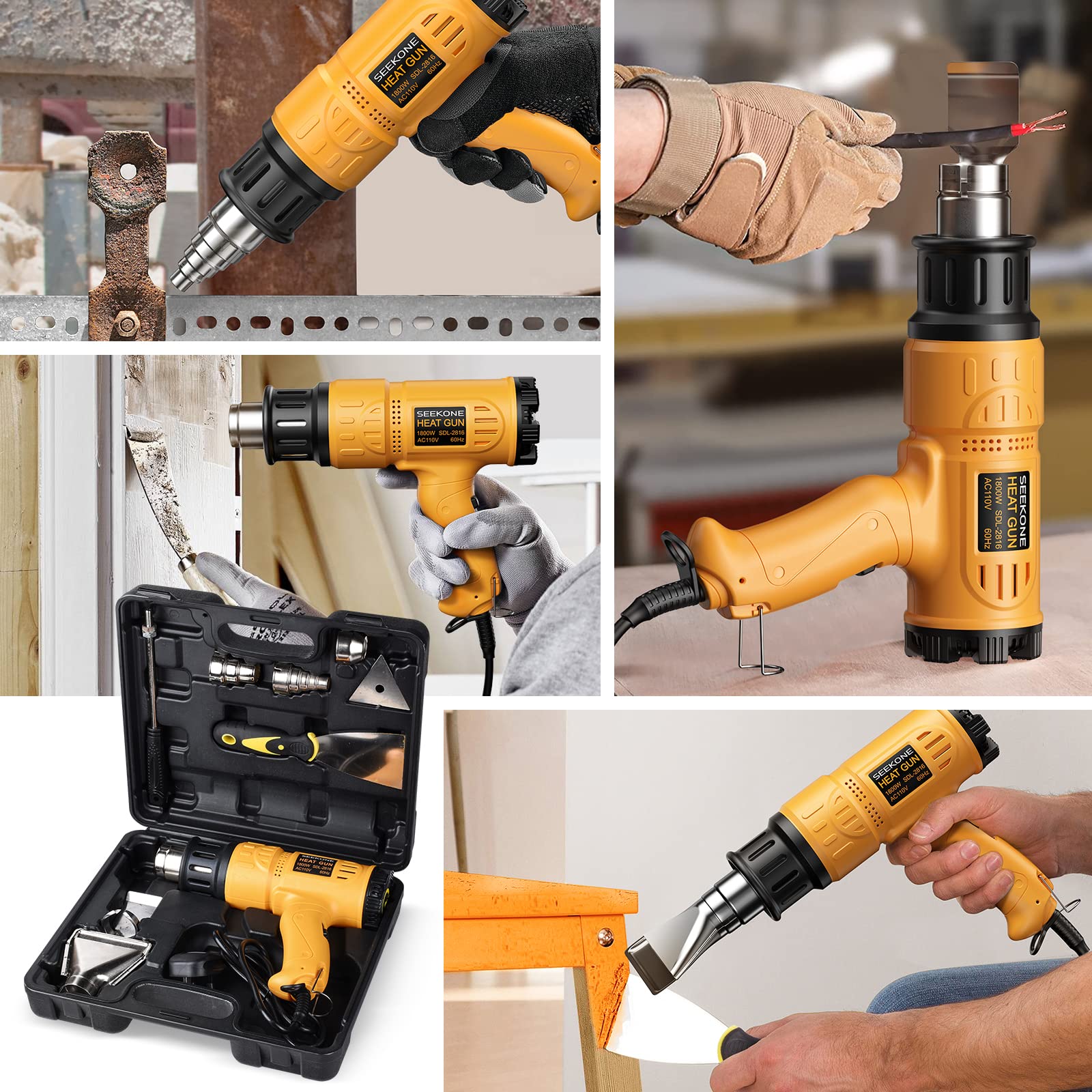 SEEKONE Heat Gun 1800W Heavy Duty Hot Air Gun Kit With Carry Case Variable Temperature Control 122℉~1112℉(50℃- 600℃) Overload Protection with 4 Nozzles for Crafts, Shrinking PVC, Stripping Paint