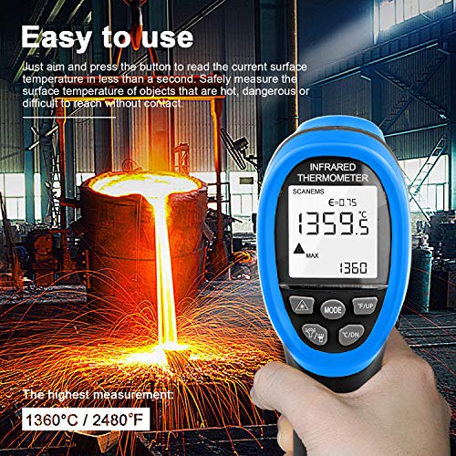 HOLDPEAK HP-985B Infrared Thermometer Non-Contact, -58℉~2480℉ (-50℃~1360℃), Dual Laser Digital IR Thermometer Gun with Adjustable Emissivity for Forge Melting Furnace Kilns Industry 【NOT for Human】