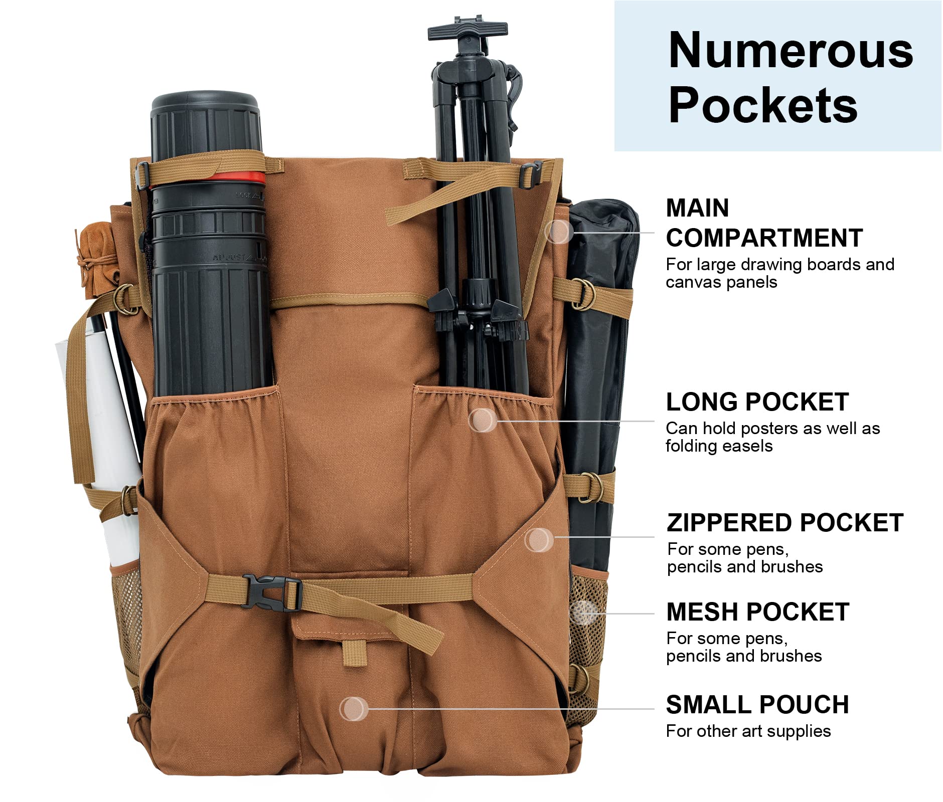 JJRING Heavy Duty Plein Air Artist Backpack with Handheld Strap, Art Supply Tote Bag for Carrying 18x24 Artwork, Drawing Boards (Brown)