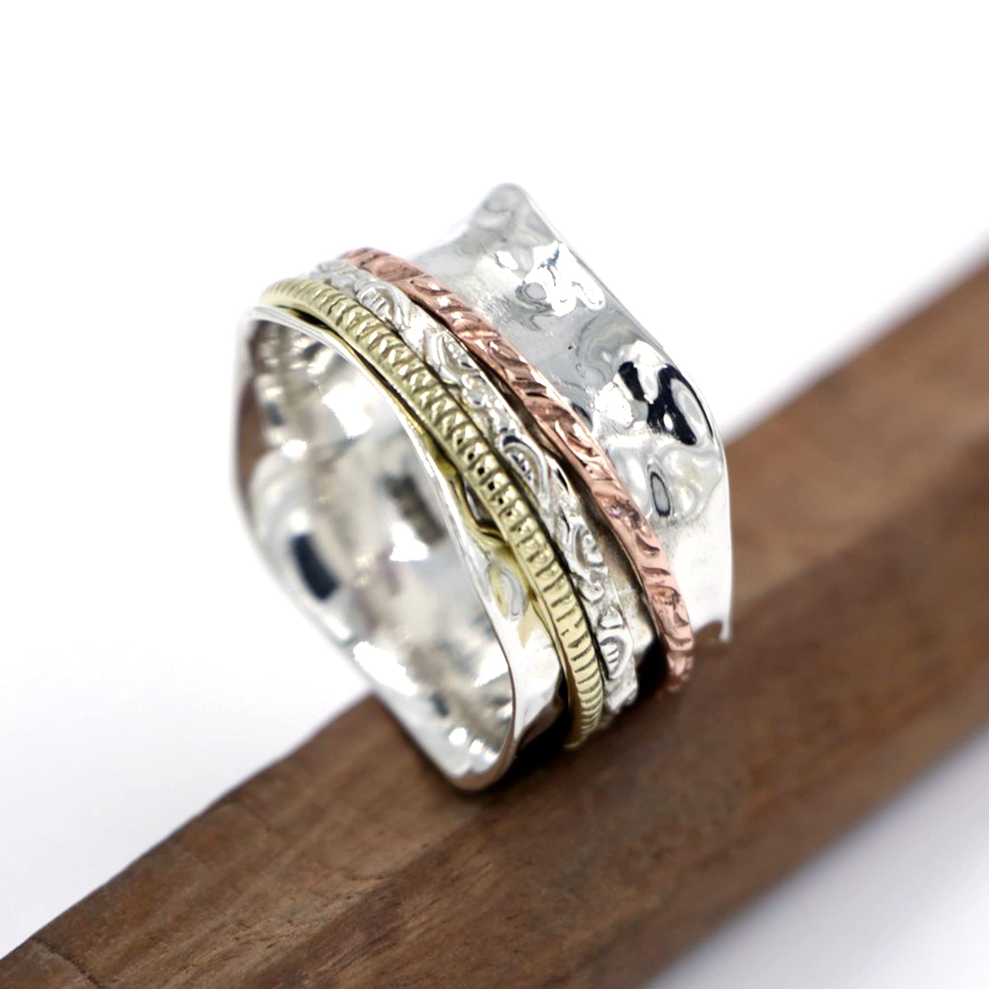 925 Sterling Silver Balance & Beauty Meditation Spinner Ring For Women Brass & Copper Spinners Carved Pattern Base Ring Thumb Ring Worry Ring Anxiety Ring Fidget Ring Anniversary Ring Gift For Birthday (9.25)