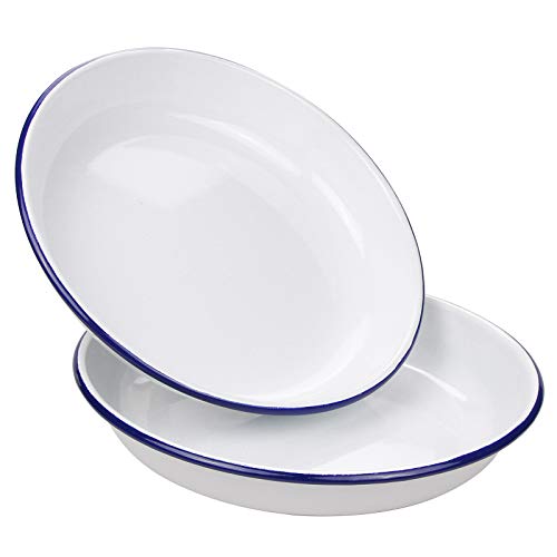 Webake 9.5 Inch Enamel Plates, 2 Pack Salad Pasta Bowls Enamelware Dinner Plates White Body with Blue Rim, Serving Trays for Dinner, Outdoor, Picnic, BBQ, Butter