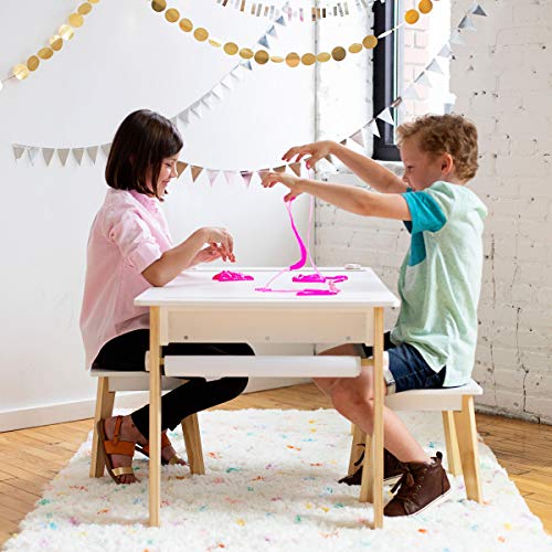 Wildkin Kids Arts and Crafts Table Set for Boys and Girls, Mid Century Modern Design Table Includes Two Stools, Paper and Storage Cubbies Underneath Helps Keep Art Supplies Organized (White)