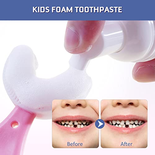 Foam Toothpaste Kids, Children Whitening Toothpaste with Low Fluoride & Natural Formula to Reduce Plaque, Toddler Foaming Toothpaste for U Shaped Toothbrush for Kids Ages 3 and Up (Blueberry)
