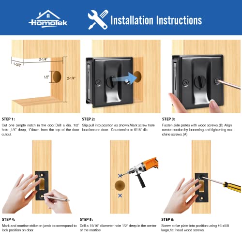 HOMOTEK Privacy Sliding Door Lock with Pull - Replace Old Or Damaged Pocket Locks Hardware Quickly and Easily, 2-3/4βx2-1/2β, for 1-3/8β Thickness Door, Black